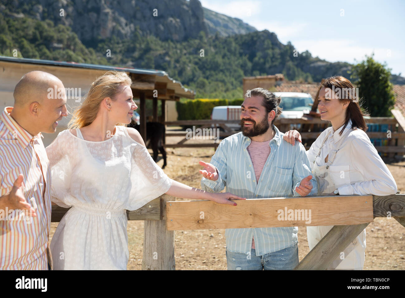 Two positive couples having cheerful talk outdoors on countryside ...