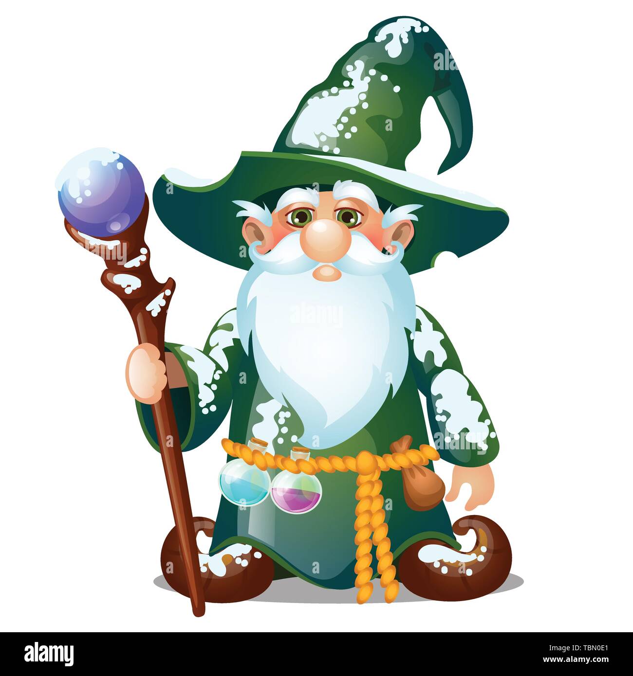The old wizard with hat and magic stick isolated on white background ...