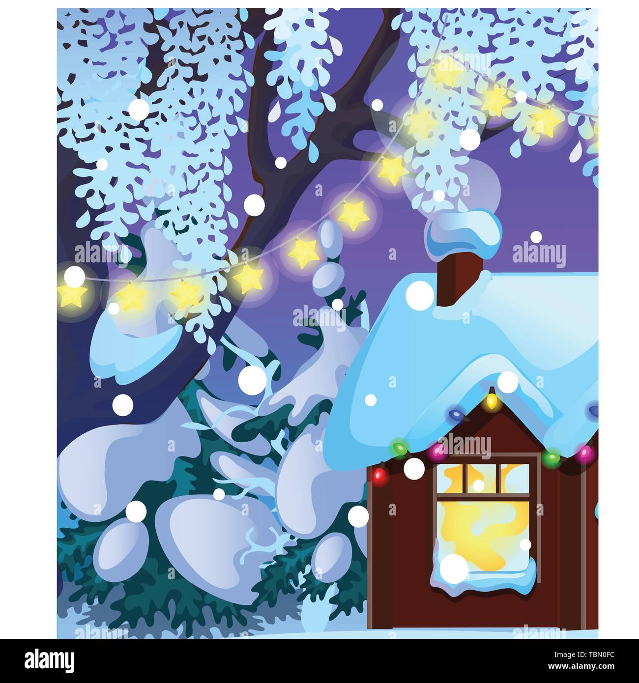 Poster with cozy rustic small hunting lodge with glowing window and ...