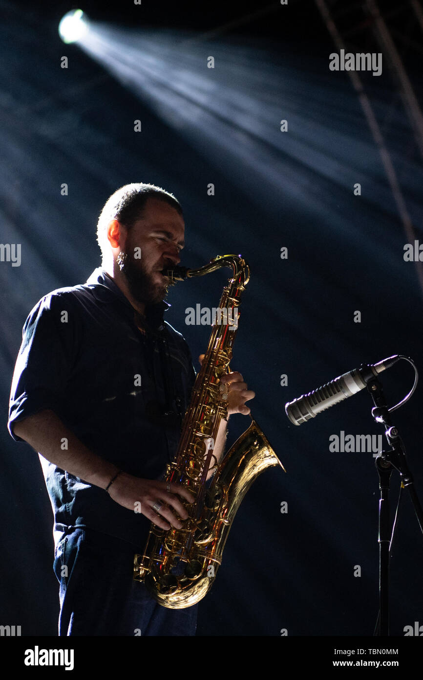 Jordan Smart plays a saxophone live on the Technopolis stage during the ...