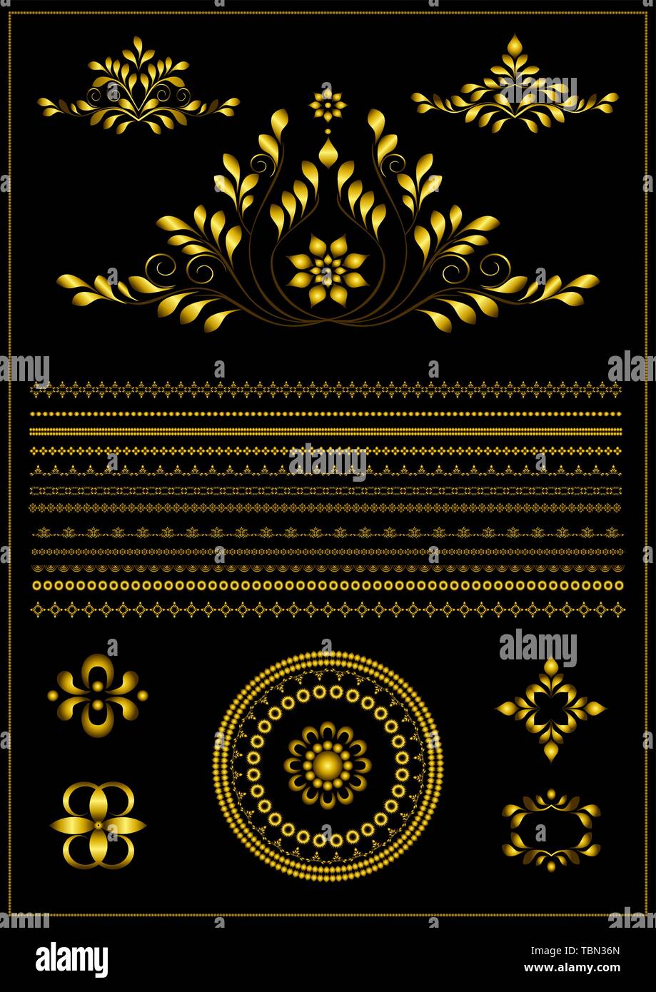 Vintage gold calligraphy ornaments and border on black background Stock ...