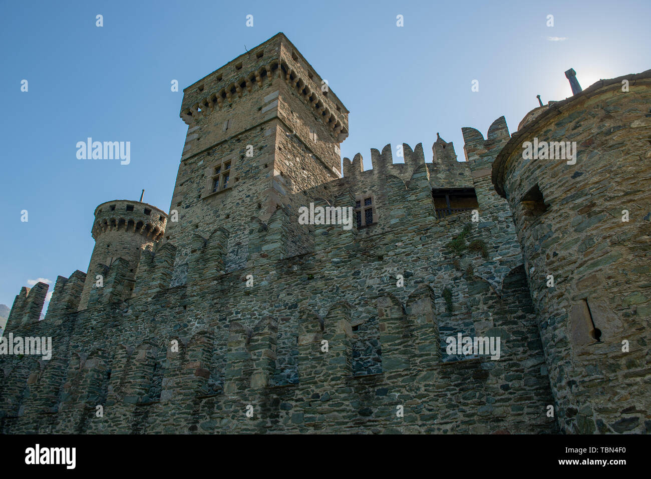 Fénis Castle classic medieval castle with towers and turrets Stock ...