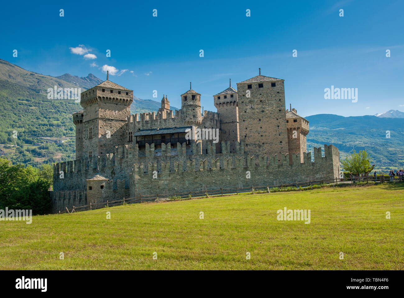Fénis Castle classic medieval castle with towers and turrets Stock ...