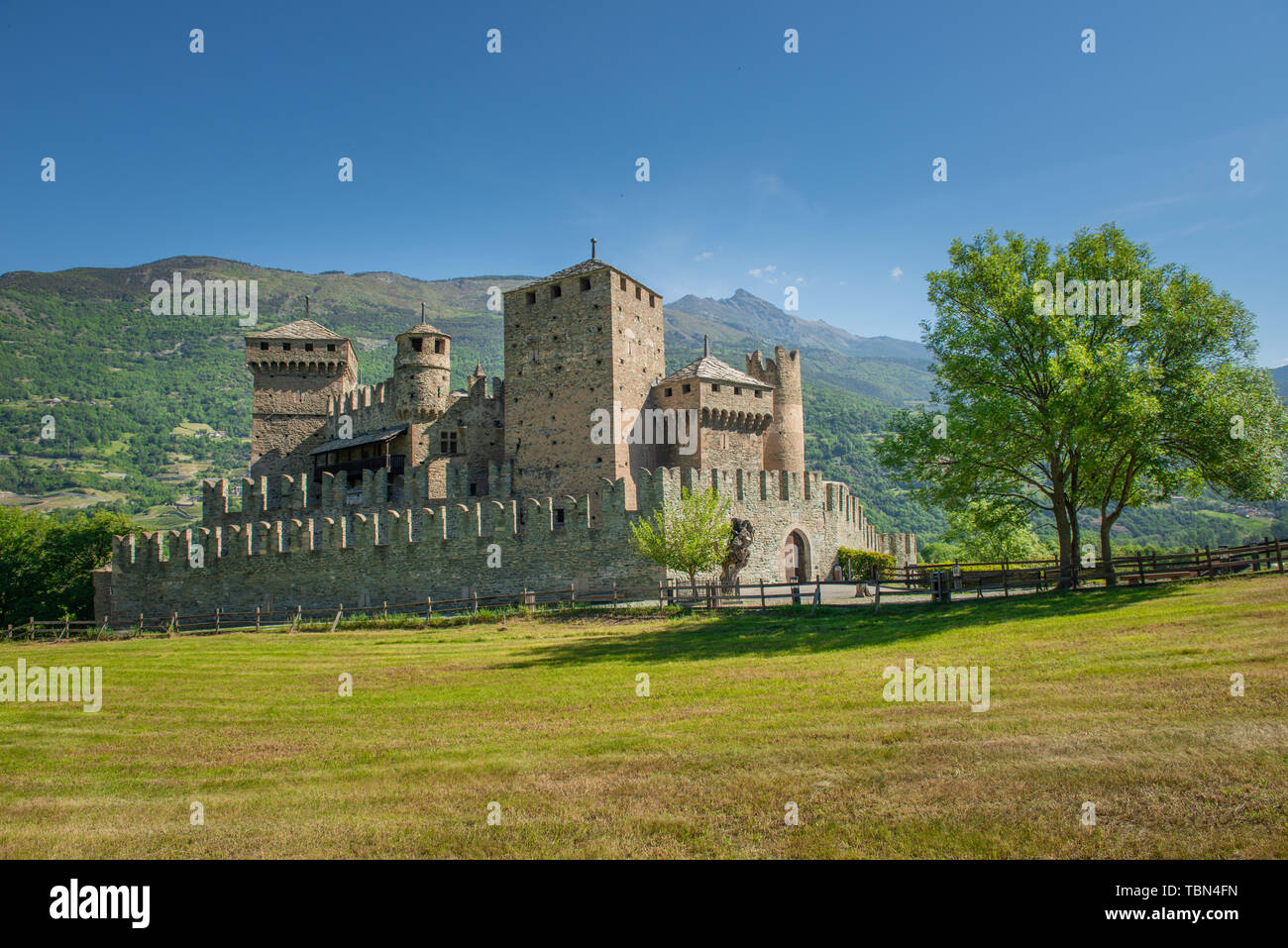 Fénis Castle classic medieval castle with towers and turrets Stock ...