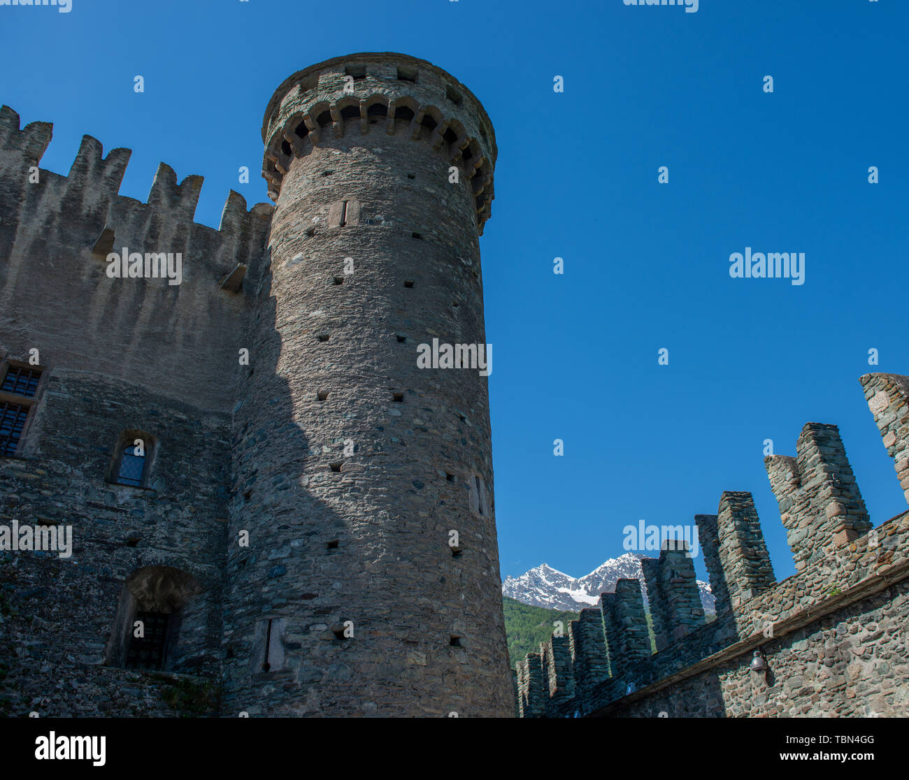 Fénis Castle classic medieval castle with towers and turrets Stock ...