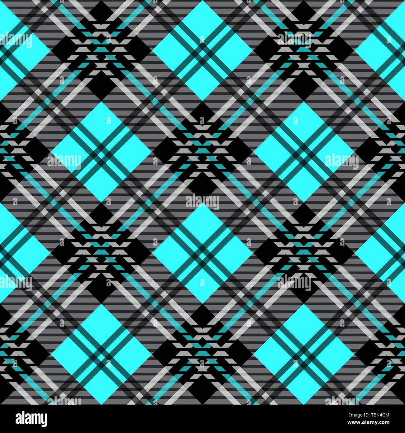 Seamless diagonal textile cyan black and white tartan plaid pattern ...