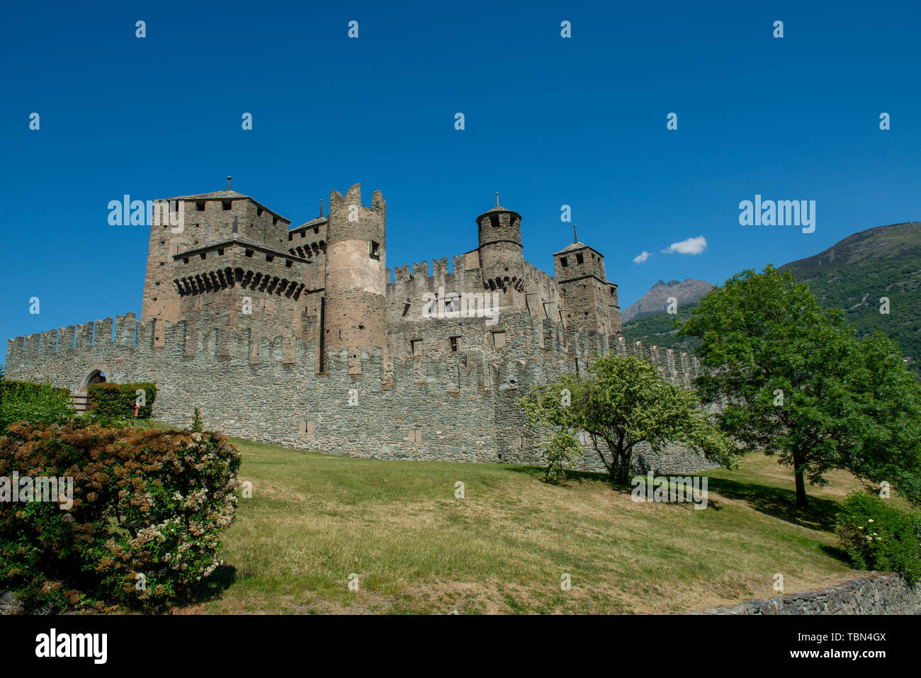 Fénis Castle classic medieval castle with towers and turrets Stock ...