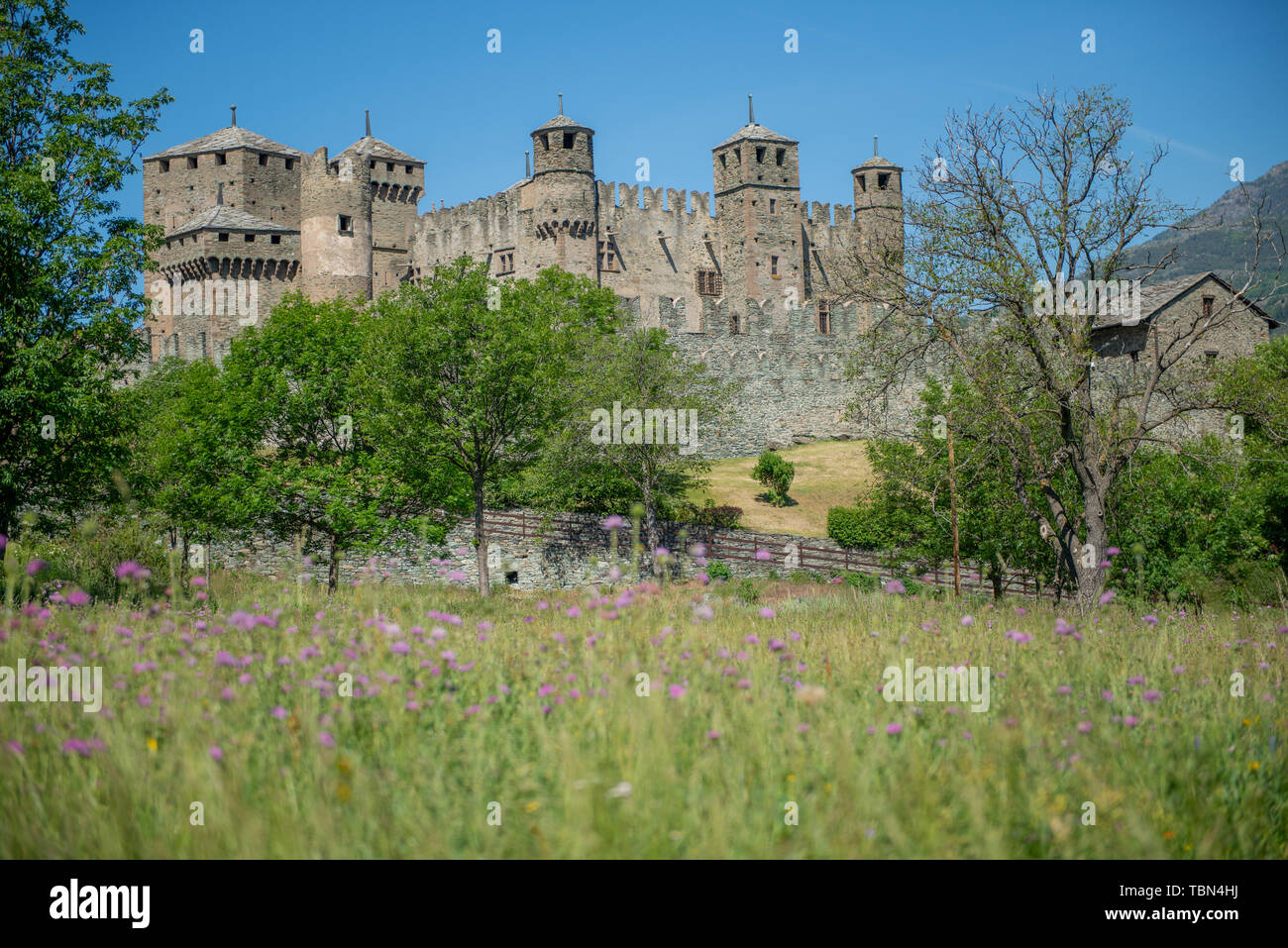 Fénis Castle classic medieval castle with towers and turrets Stock ...