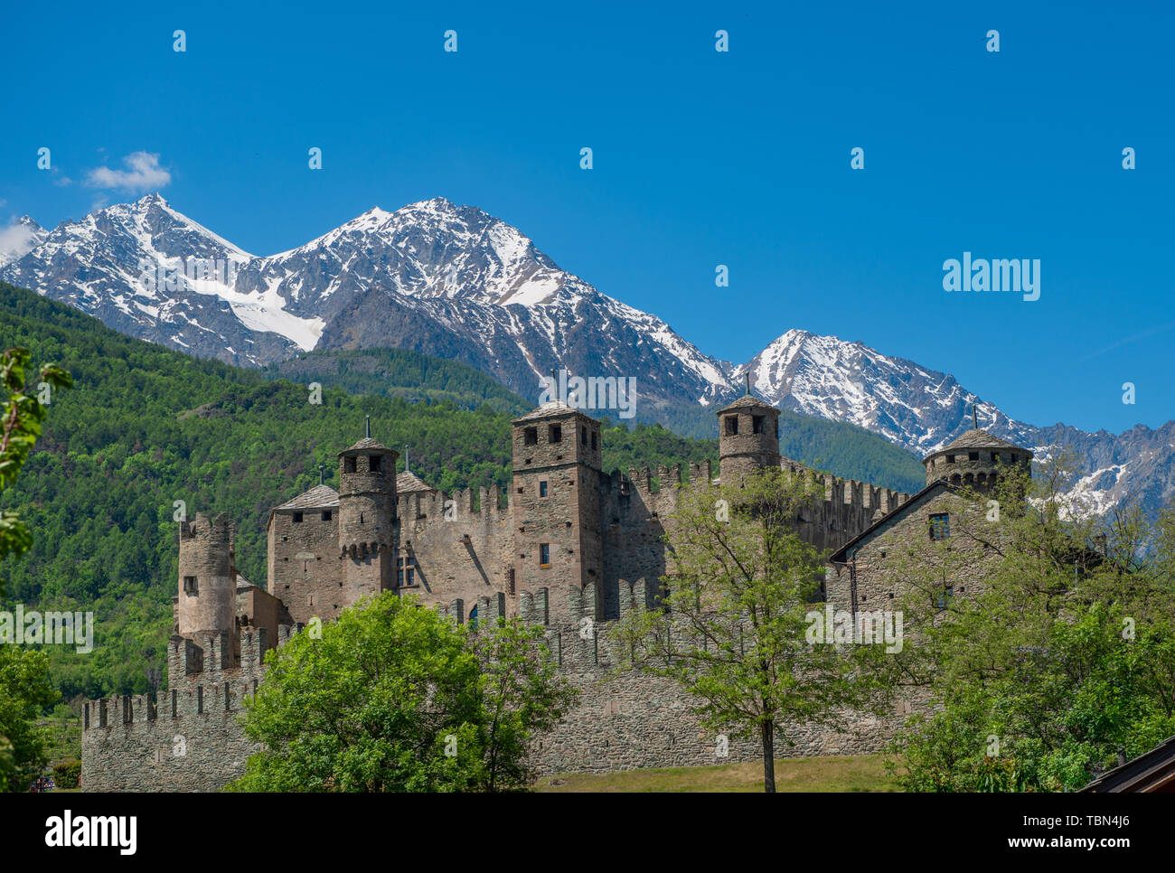 Fénis Castle classic medieval castle with towers and turrets Stock ...