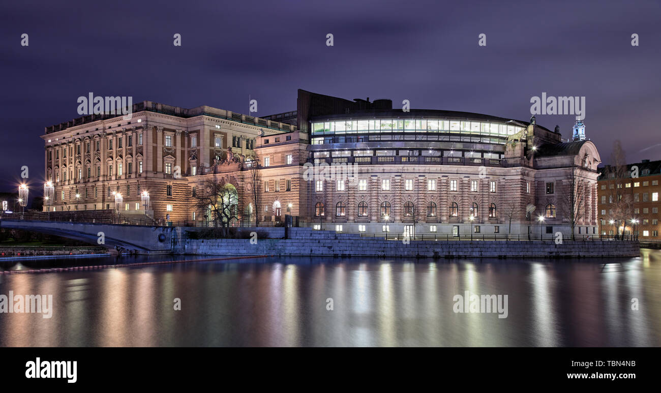 Swedish Government building on Helgeandsholmen in Stockholm, Sweden at night Stock Photo - Alamy