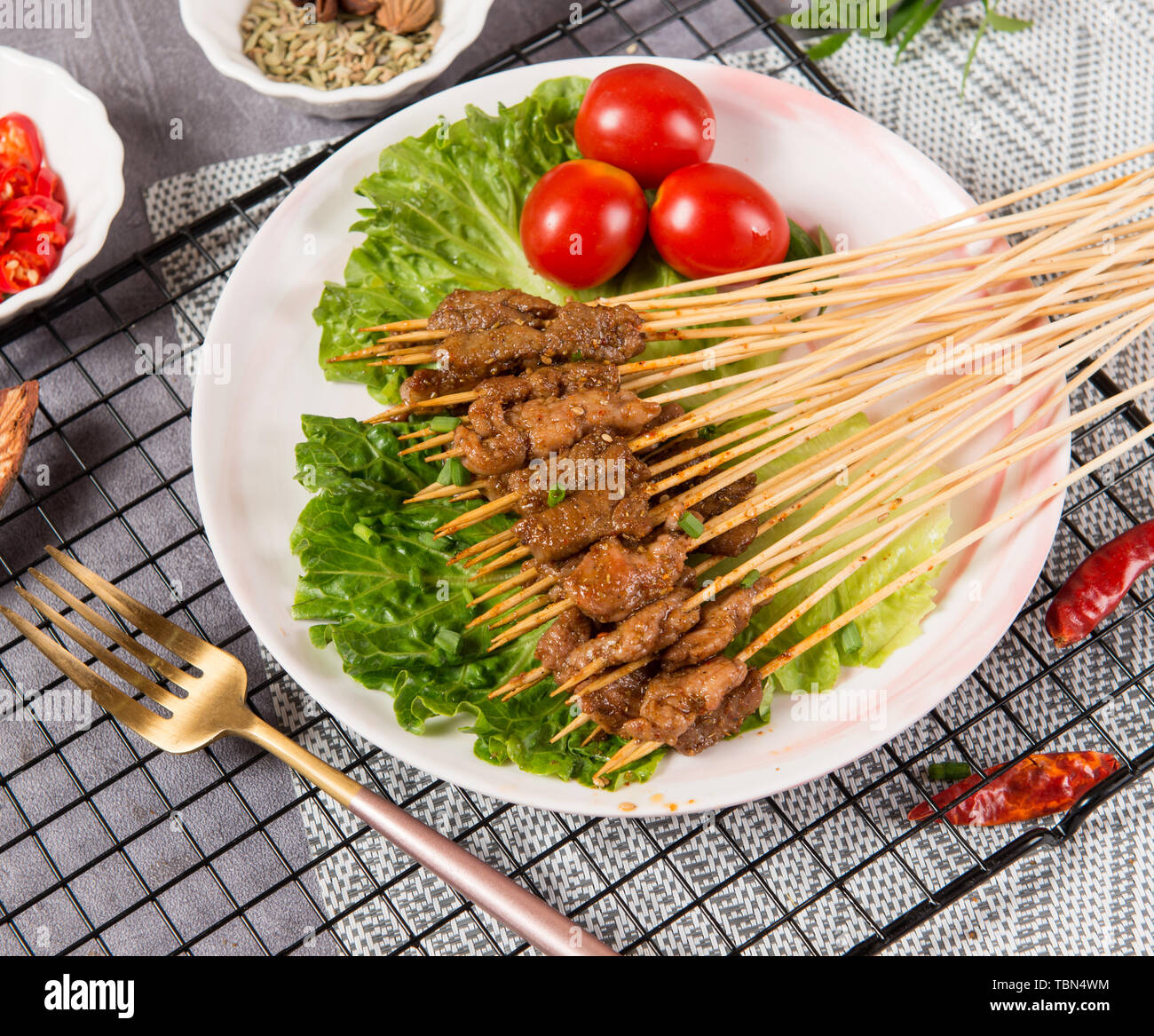 Iron plate barbecue lamb kebab, duck gizzard, lamb, pork beef Stock ...