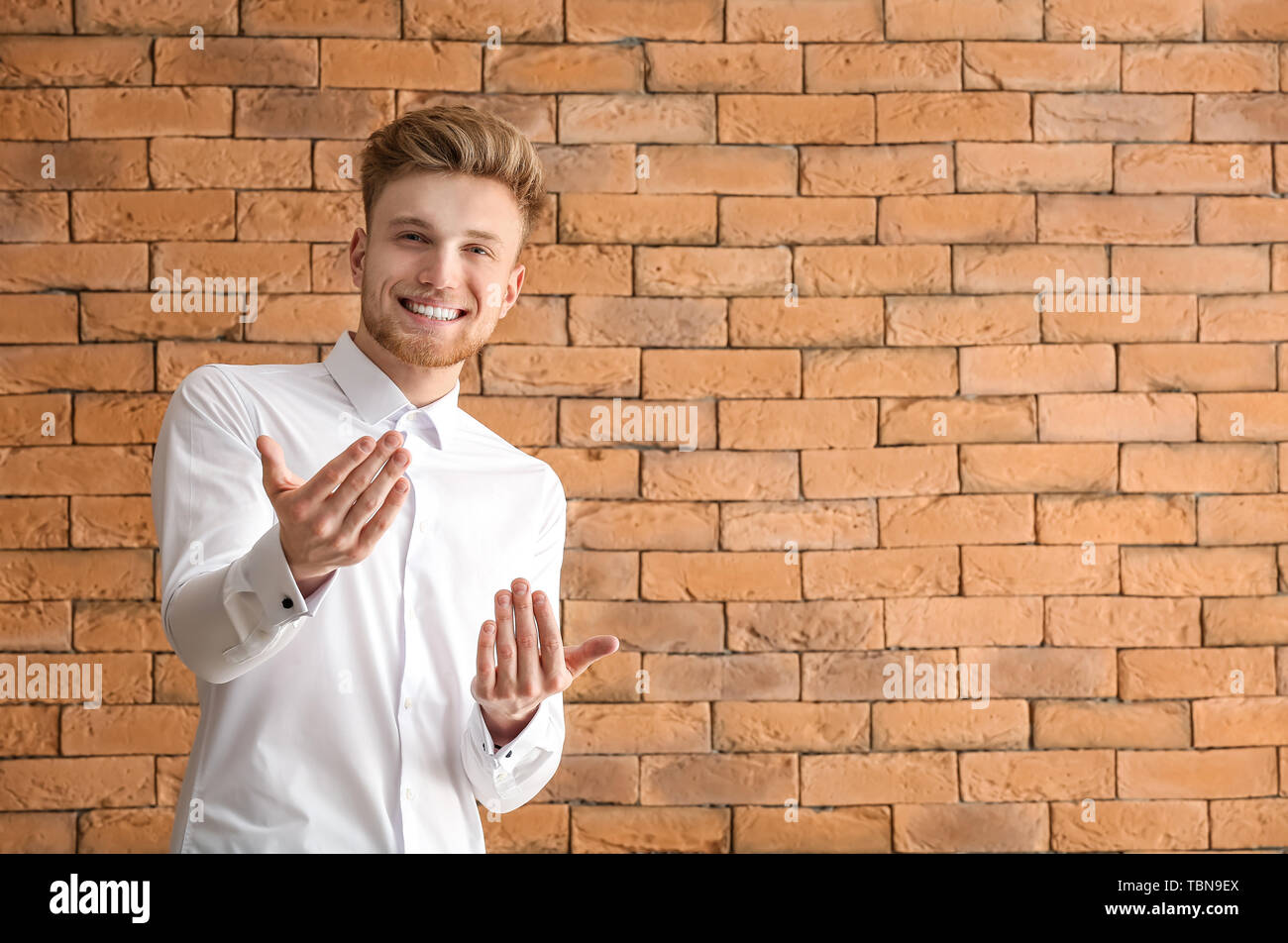 Handsome young man inviting viewer against brick background Stock Photo ...