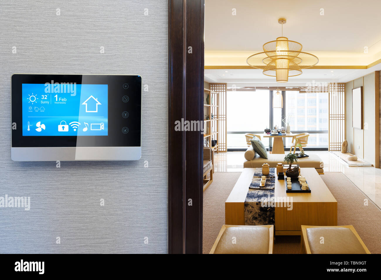 smart screen with smart home with modern living room Stock Photo - Alamy