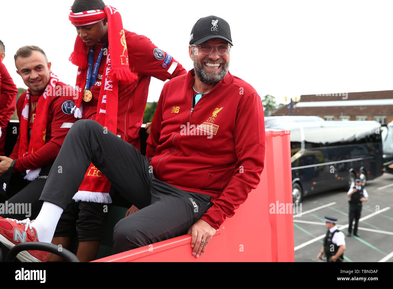 Liverpool manager Jurgen Klopp on an open top bus during the Champions ...