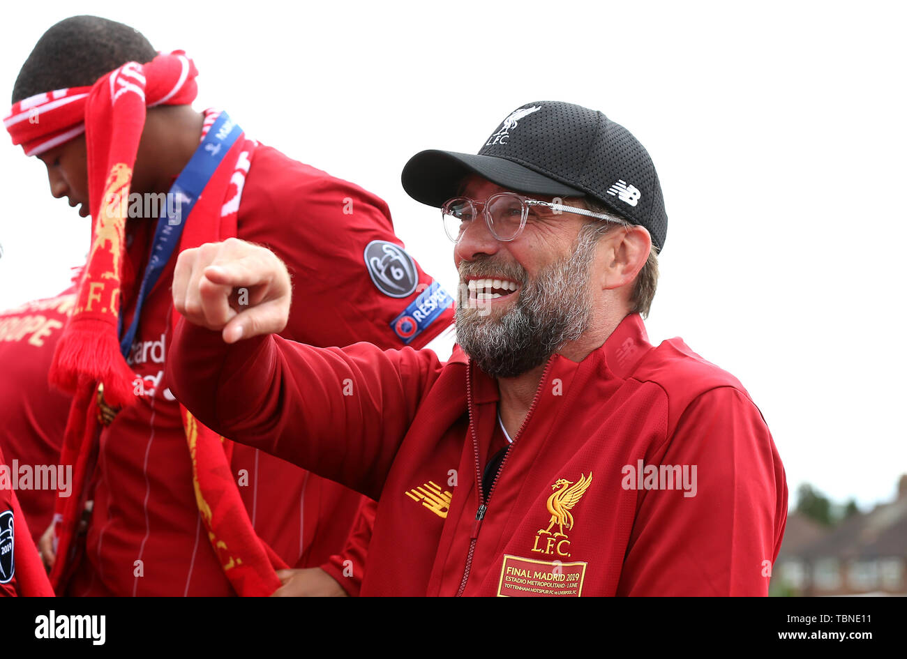 Liverpool manager Jurgen Klopp on an open top bus during the Champions League Winners Parade in ...