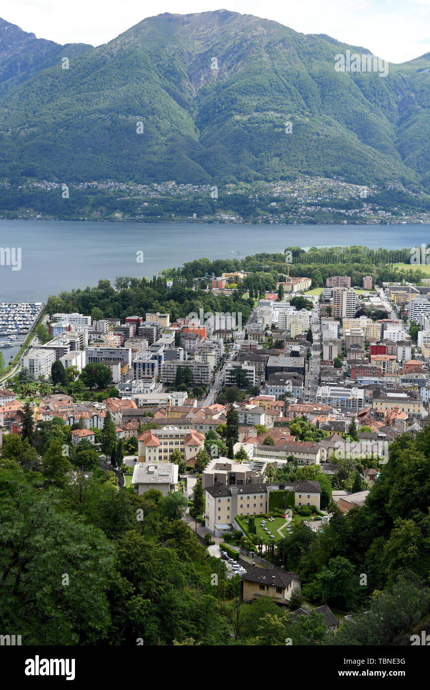 Aerial view of modern apartments overlooking Locarno, Lake Maggiore ...