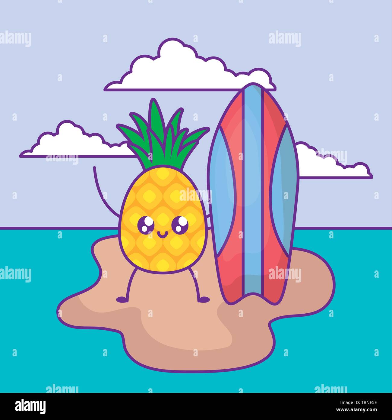 summer poster with pineapple and surfboard in island vector ...