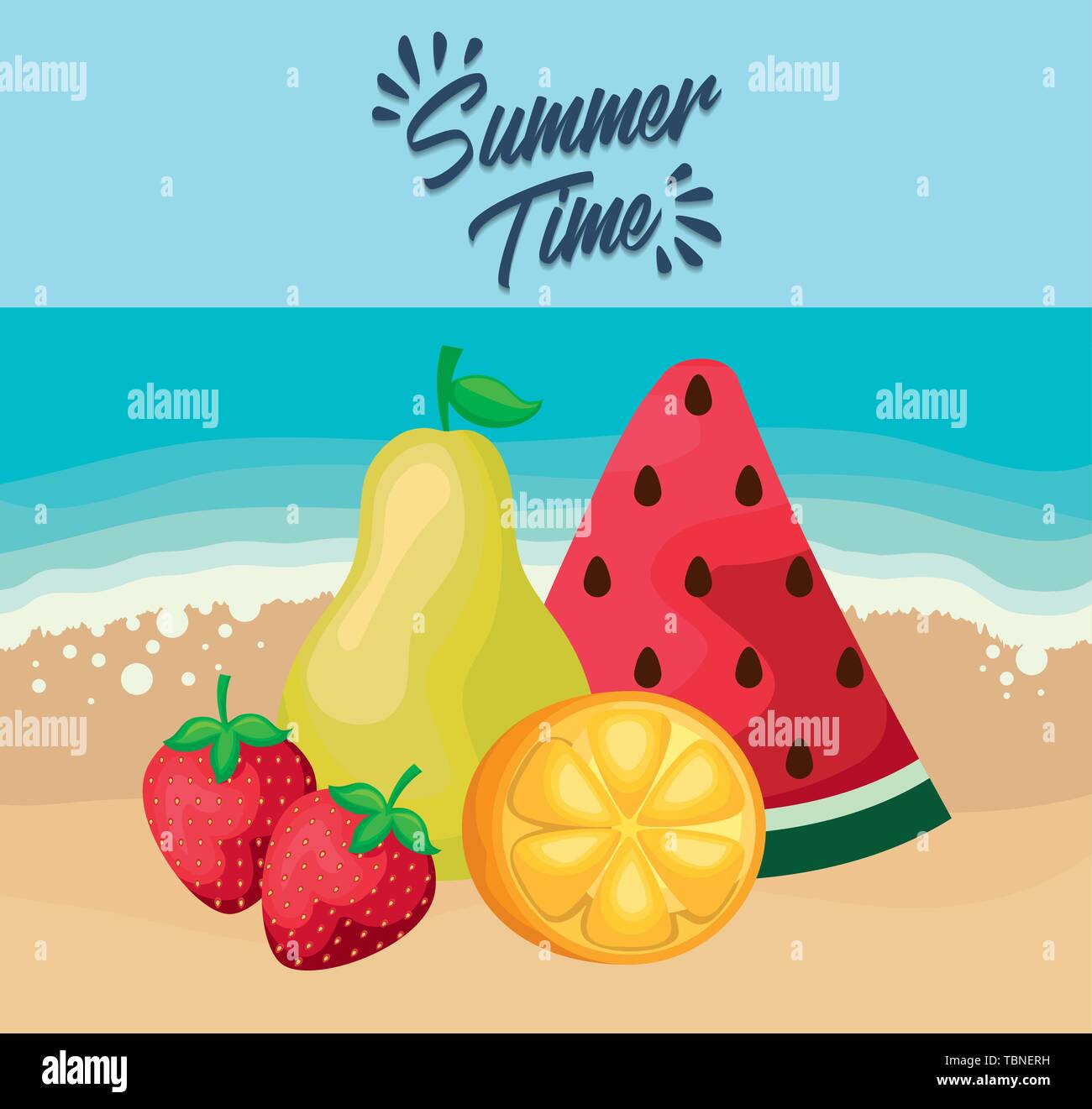 summer beach poster with watermelon and fruits vector illustration ...