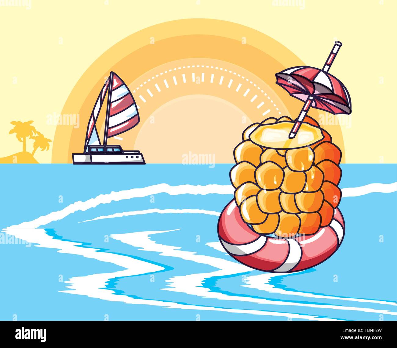 summer poster of cocktail pineapple with float in sea vector ...