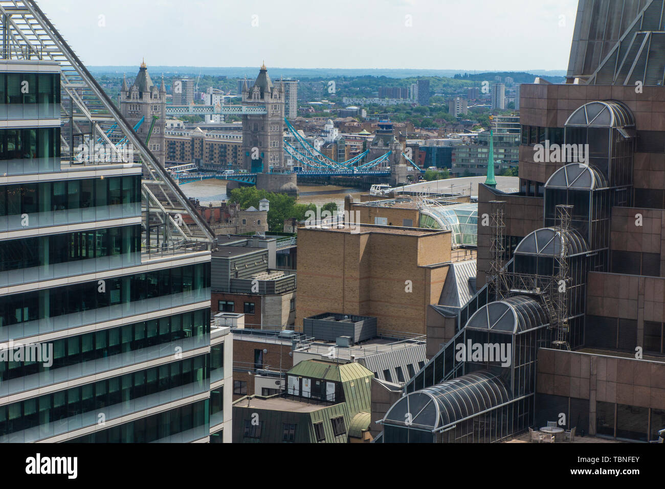 A view of the City of London offices with Tower Bridge in the distance ...