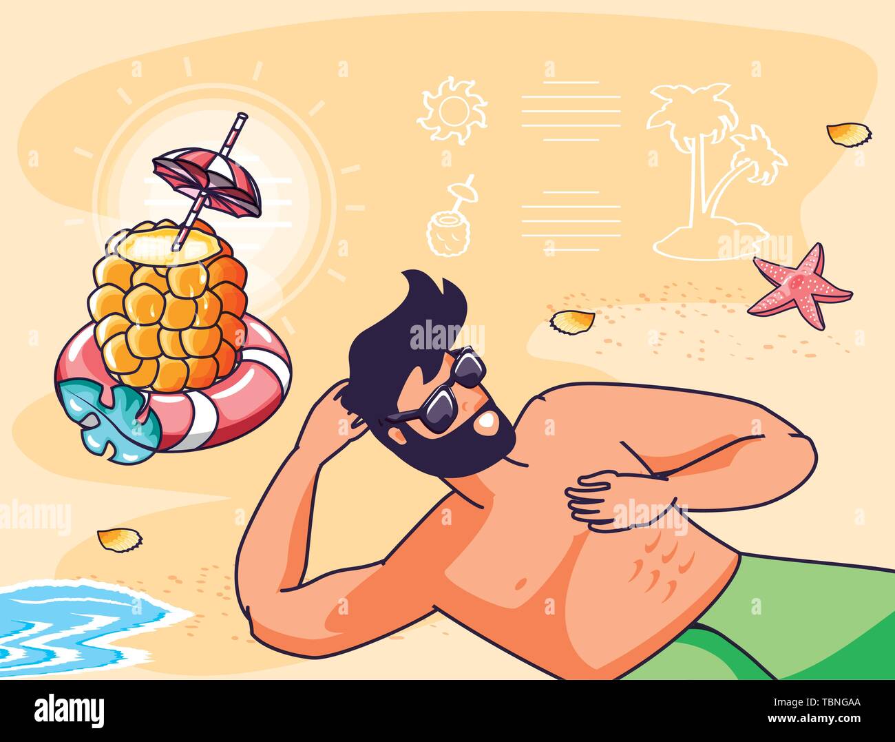 young man in beach with cocktail of pineapple summer scene vector ...