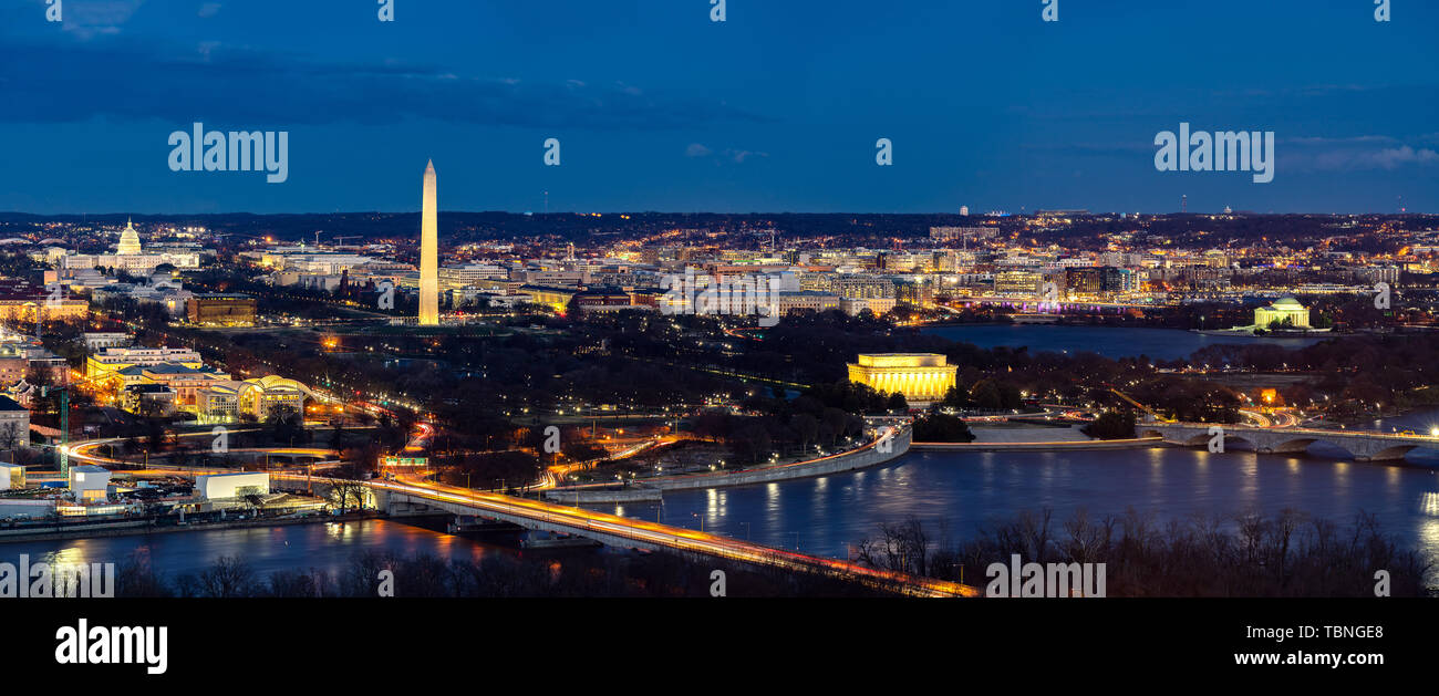 Panorama Aerial view of Washington DC cityscape from Arlington Virginia ...