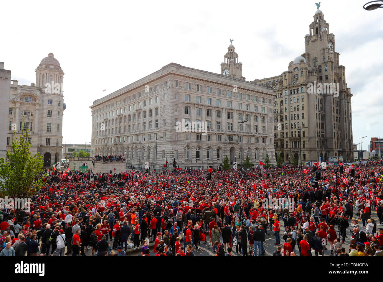 Crowds of Liverpool fans outside the Liver Building during the ...
