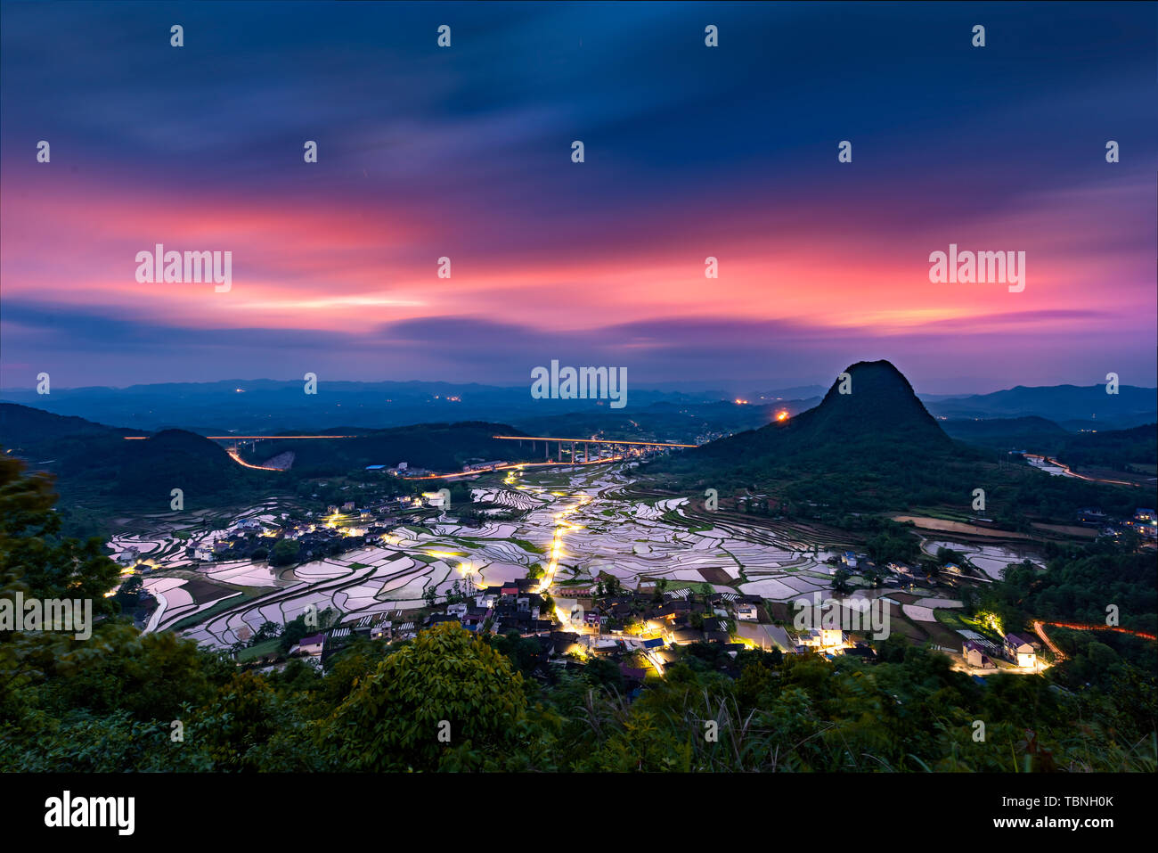 Dusk landscape of sharp rock terraces in Huaguan County, Hunan Province ...