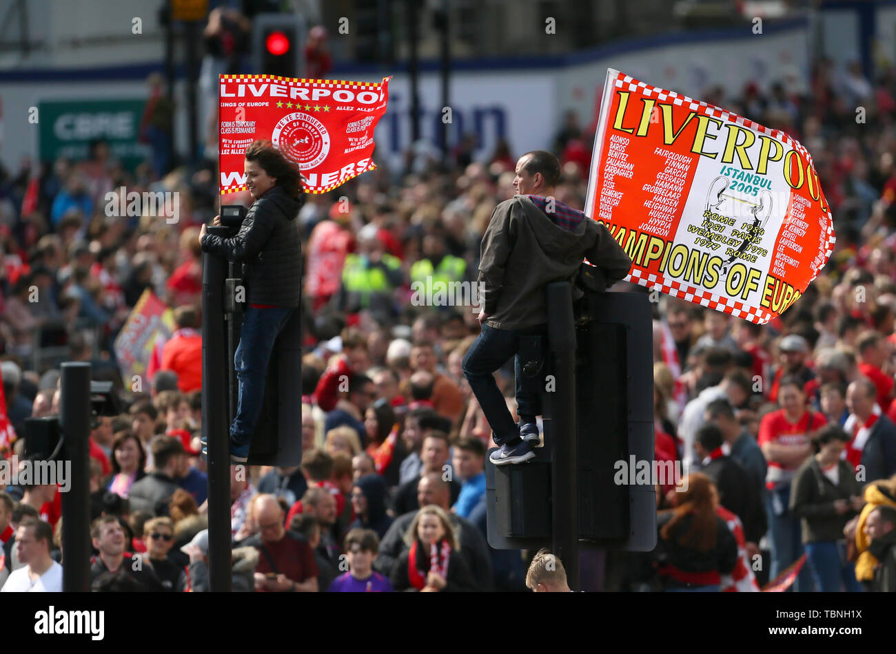 Liverpool fans holding flags during the Champions League Winners Parade ...