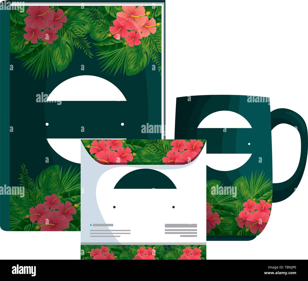 text book and mug ,cd with tropical flowers print Stock Vector Image ...