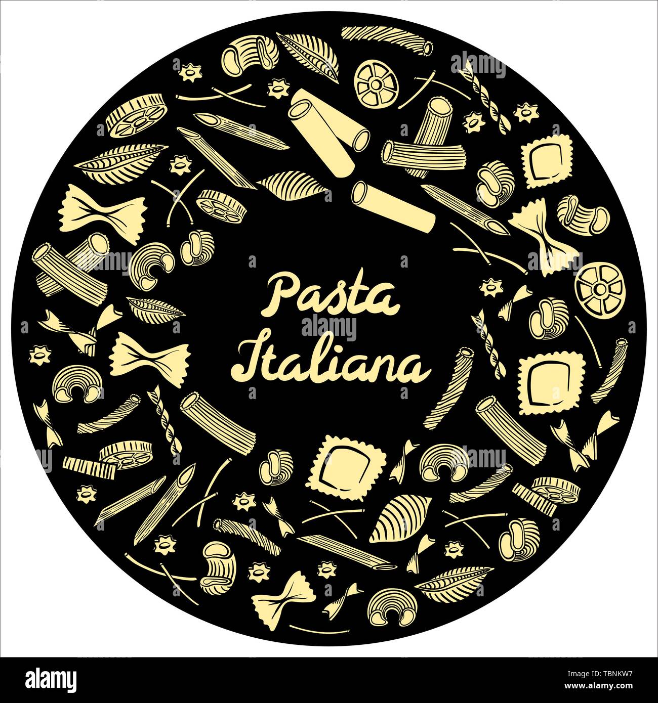 Round frame with italian macaroni of different kinds. light yellow ...