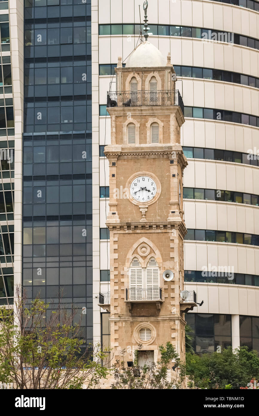 The clock tower is a part of the old Grand Mosque in Haifa Stock Photo ...
