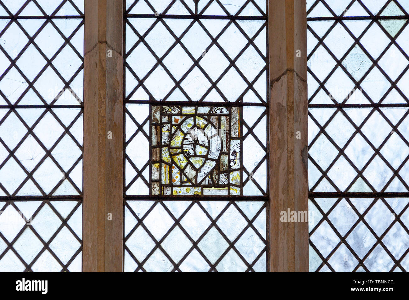Fragment of medieval stained glass inside village church of Saint ...