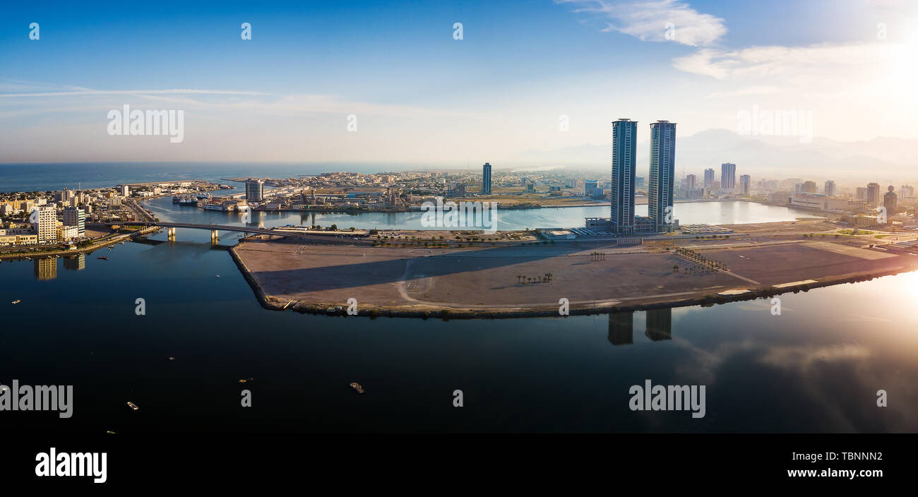 Ras al Khaimah emirate in the UAE aerial skyline view at sunrise Stock ...
