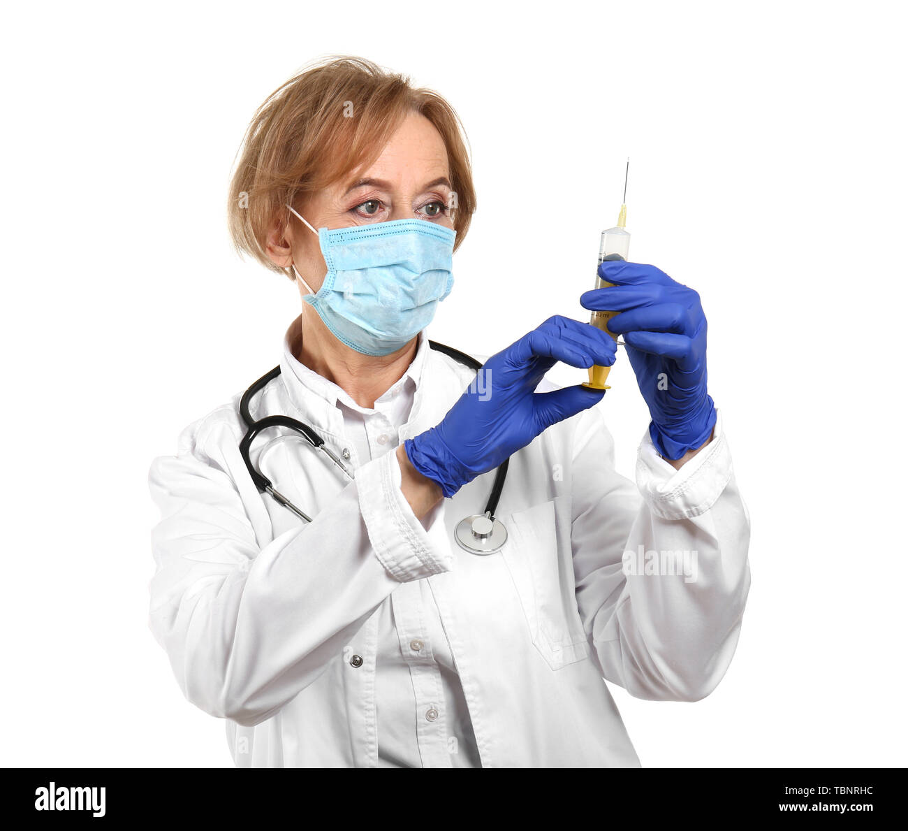 Beautiful female doctor with syringe on white background Stock Photo ...