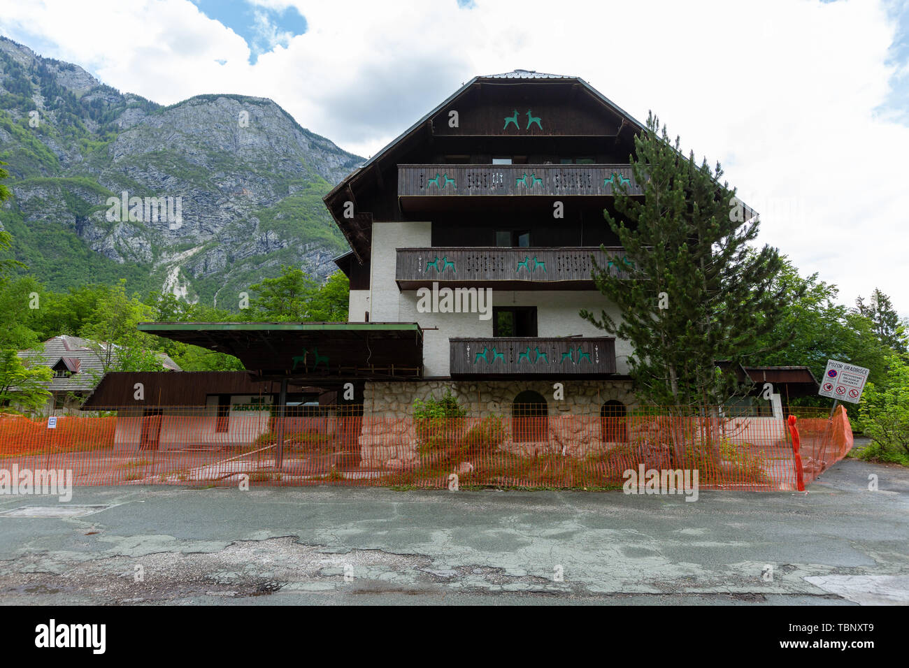 SLOVENIA, BOHINJ: 26. May 2019: Hotel Zlatorog during renovation under ...