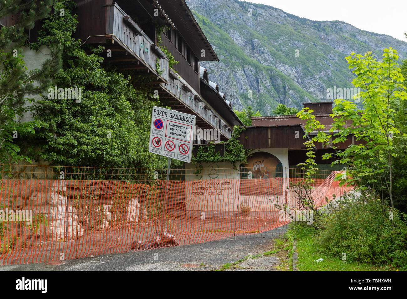 SLOVENIA, BOHINJ: 26. May 2019: Hotel Zlatorog during renovation under ...