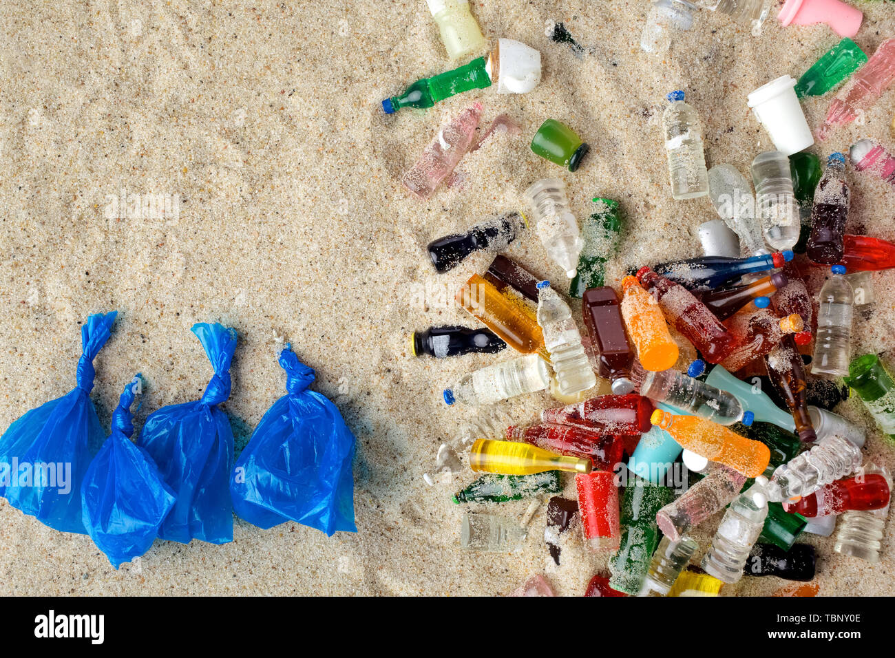 garbage collected on the beach.Top view Stock Photo - Alamy