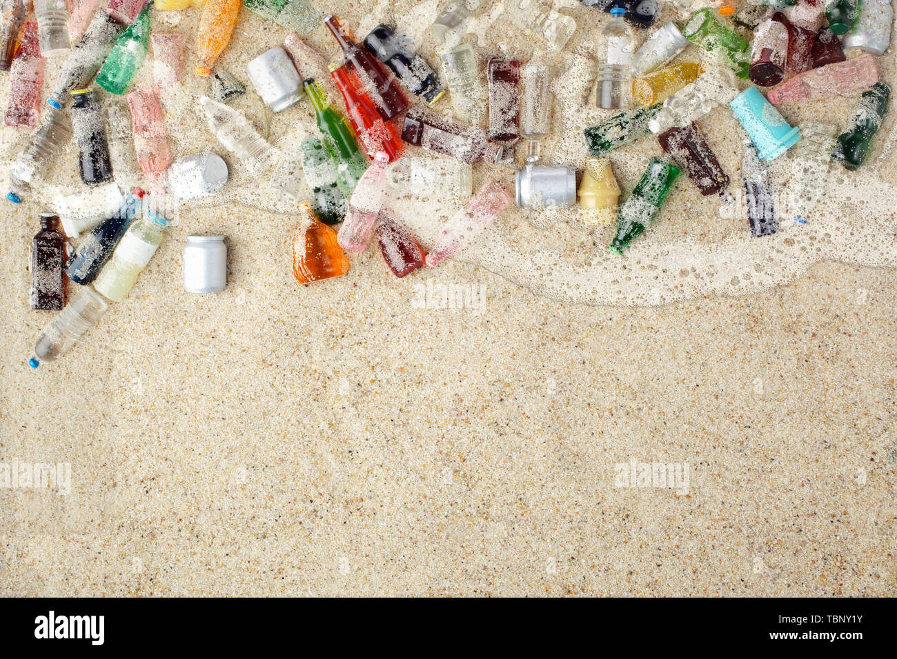 garbage collected on the beach.Top view Stock Photo - Alamy