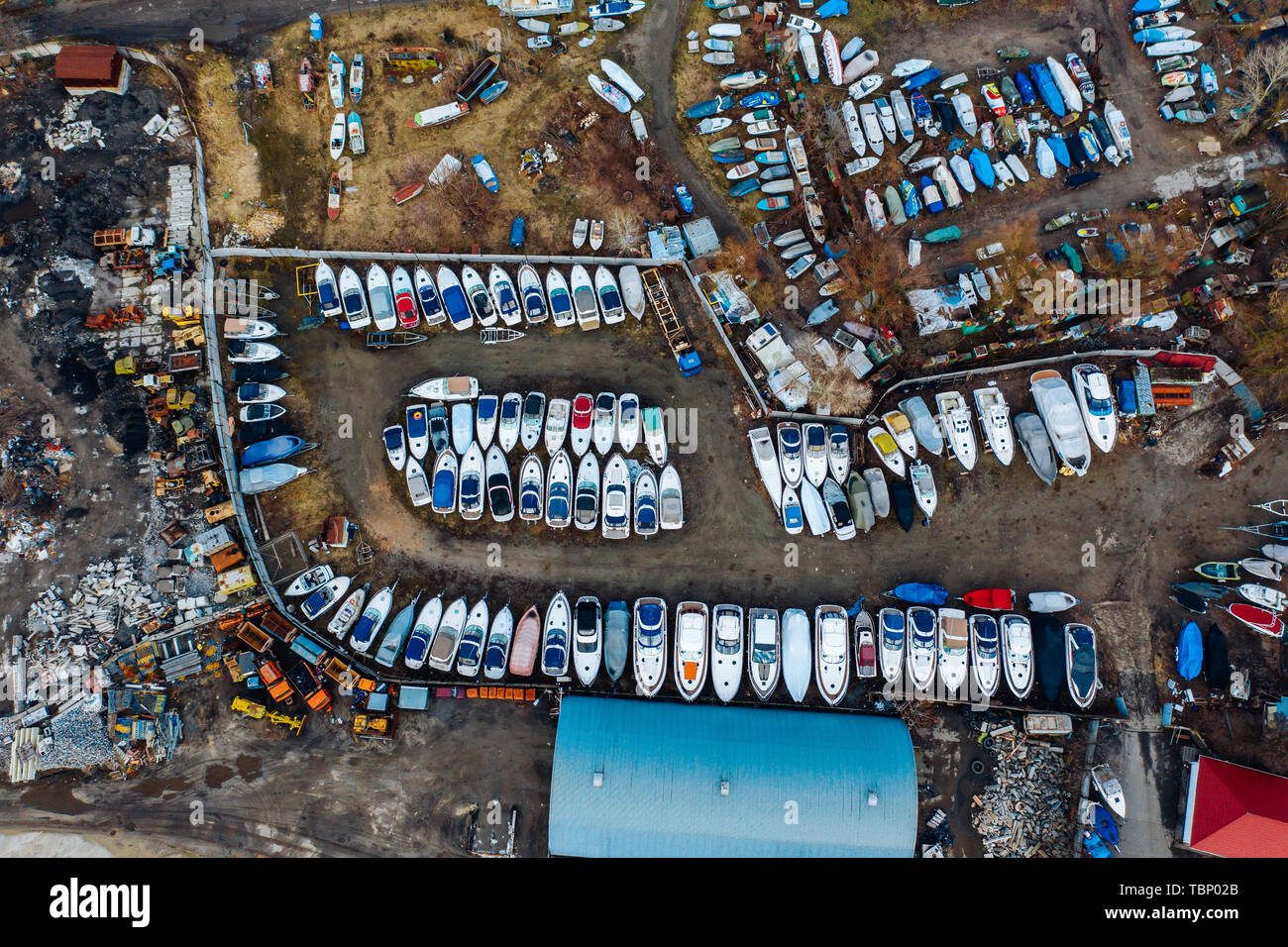 Aerial view of boat yard on land. Stored ships during winter time Stock ...