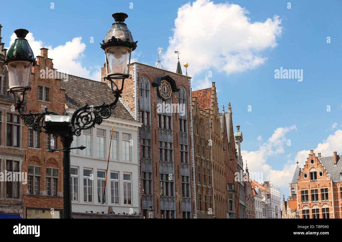 Colorful traditional buildings with ancient lamp post , Bruges, Belgium ...