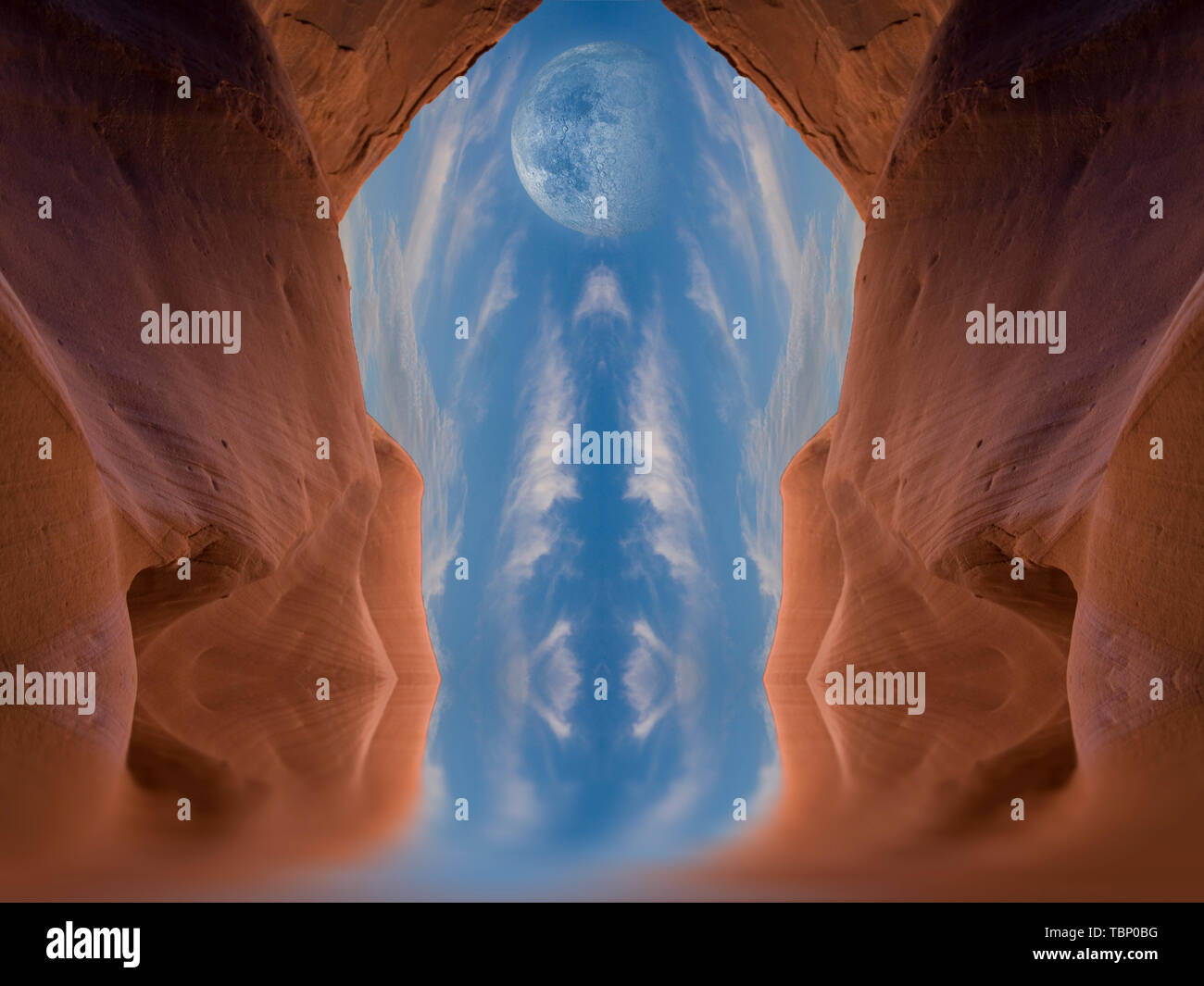 Moon seen from red cave Stock Photo - Alamy