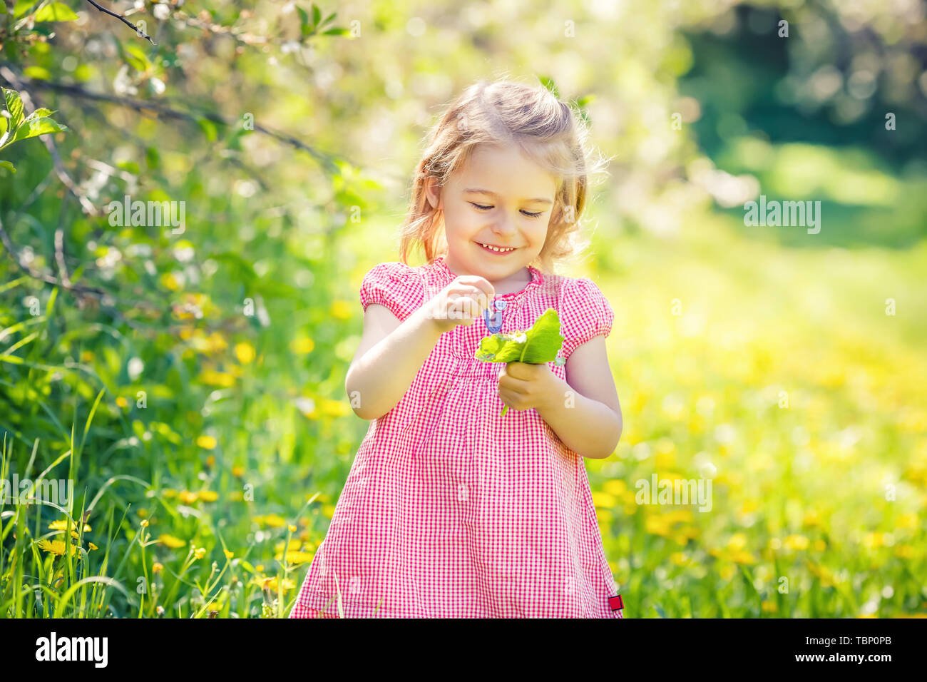 Happy little girl in spring sunny park Stock Photo - Alamy