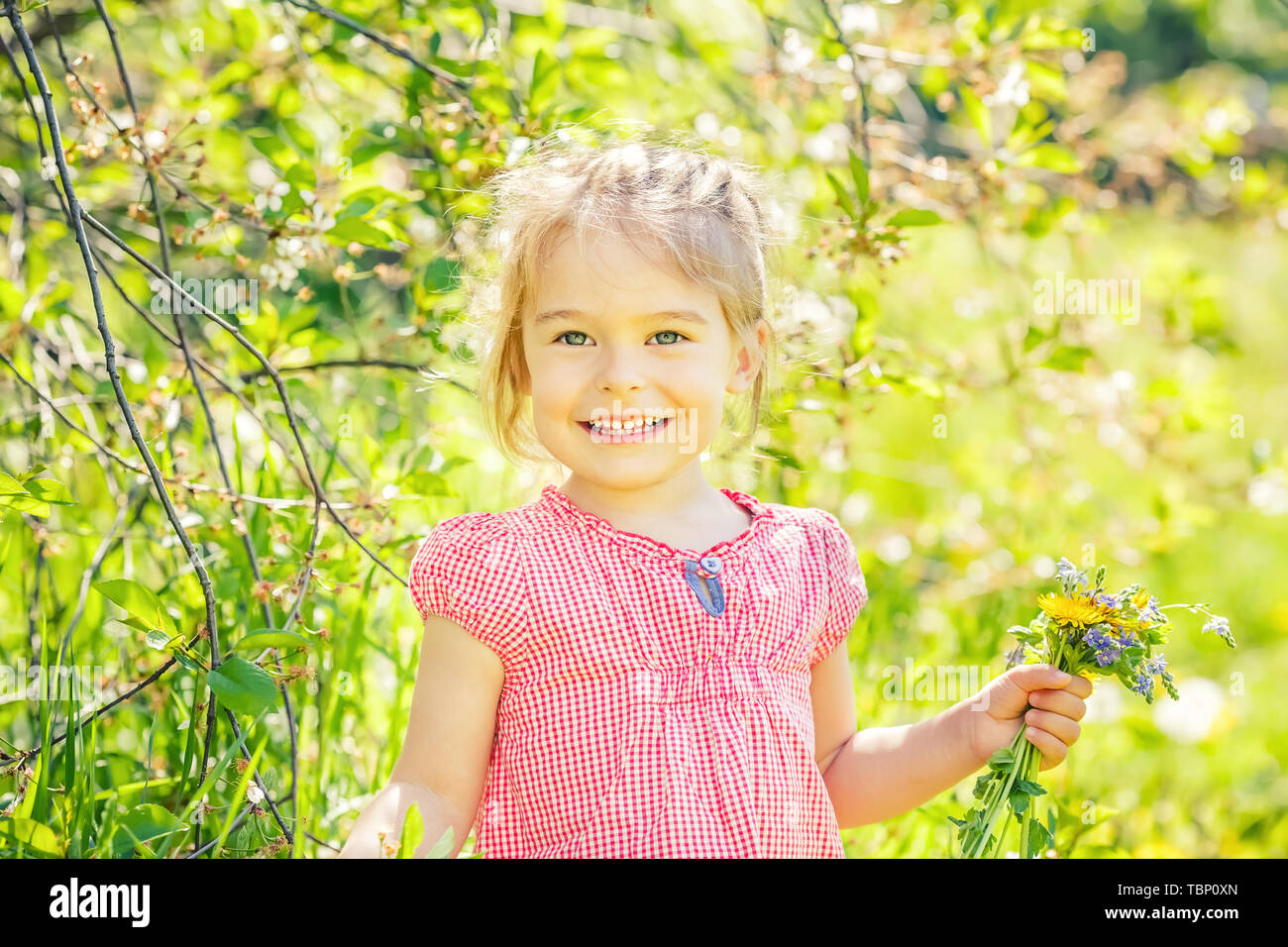 Happy little girl in spring sunny park Stock Photo - Alamy