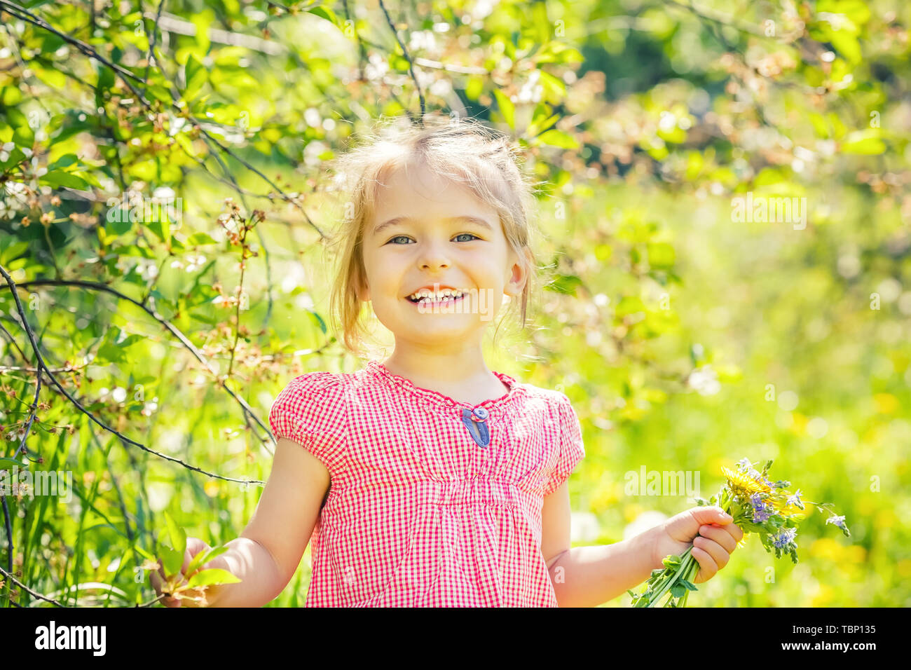 Happy little girl in spring sunny park Stock Photo - Alamy