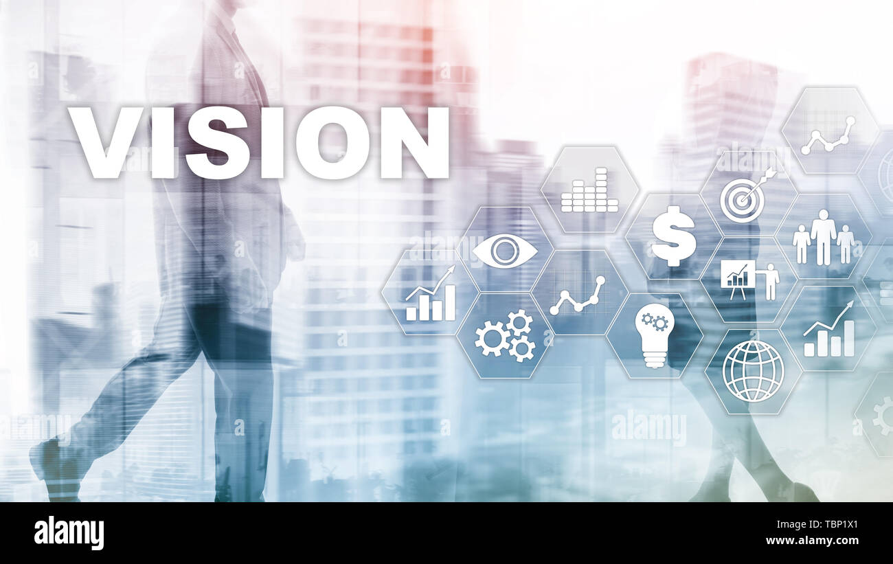 Vision concept. Business people and modern city on background. Virtual ...
