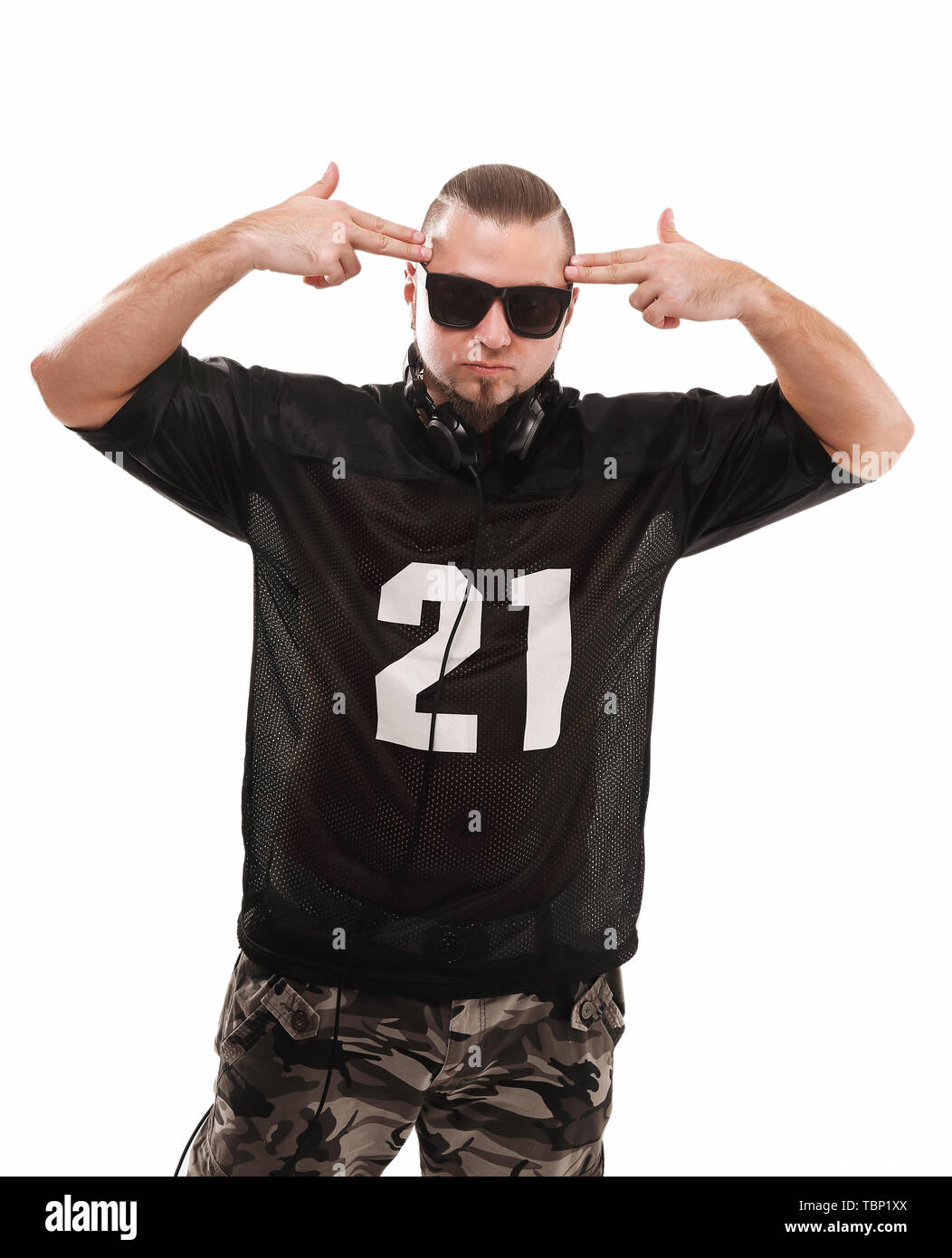 close up. rapper's boyfriend put his fingers to his temples .isolated ...