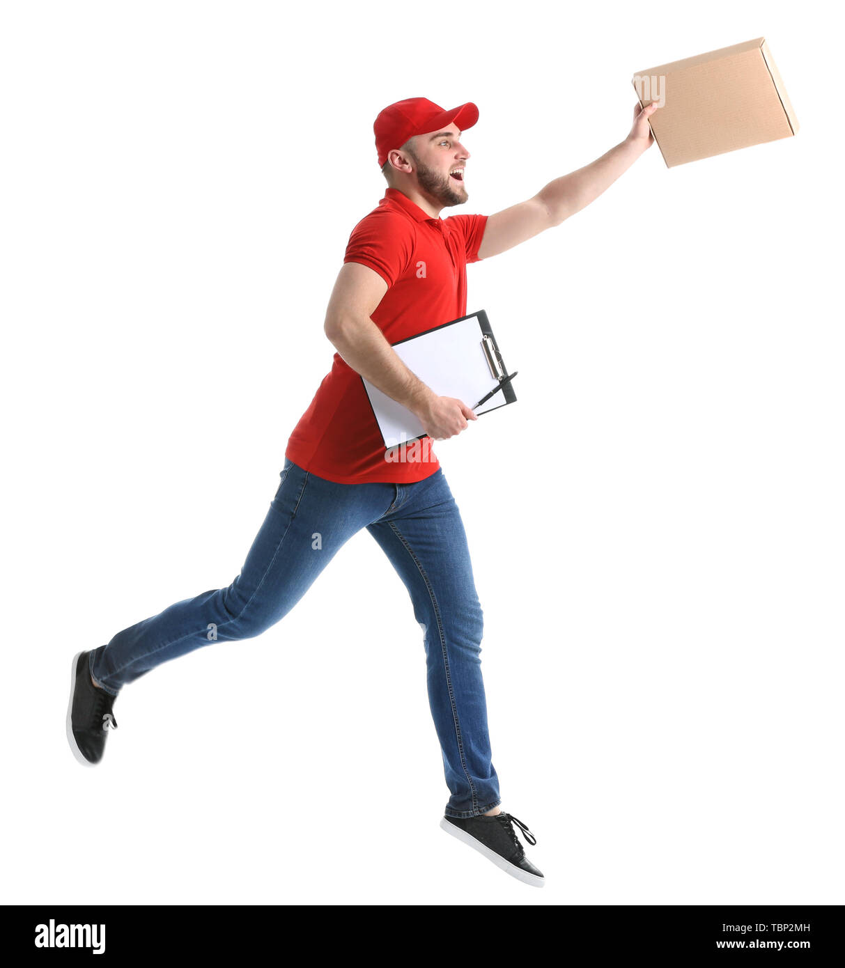 Running delivery man with box and clipboard on white background Stock ...