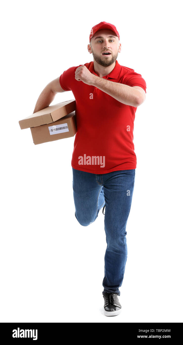 Running delivery man with boxes on white background Stock Photo - Alamy