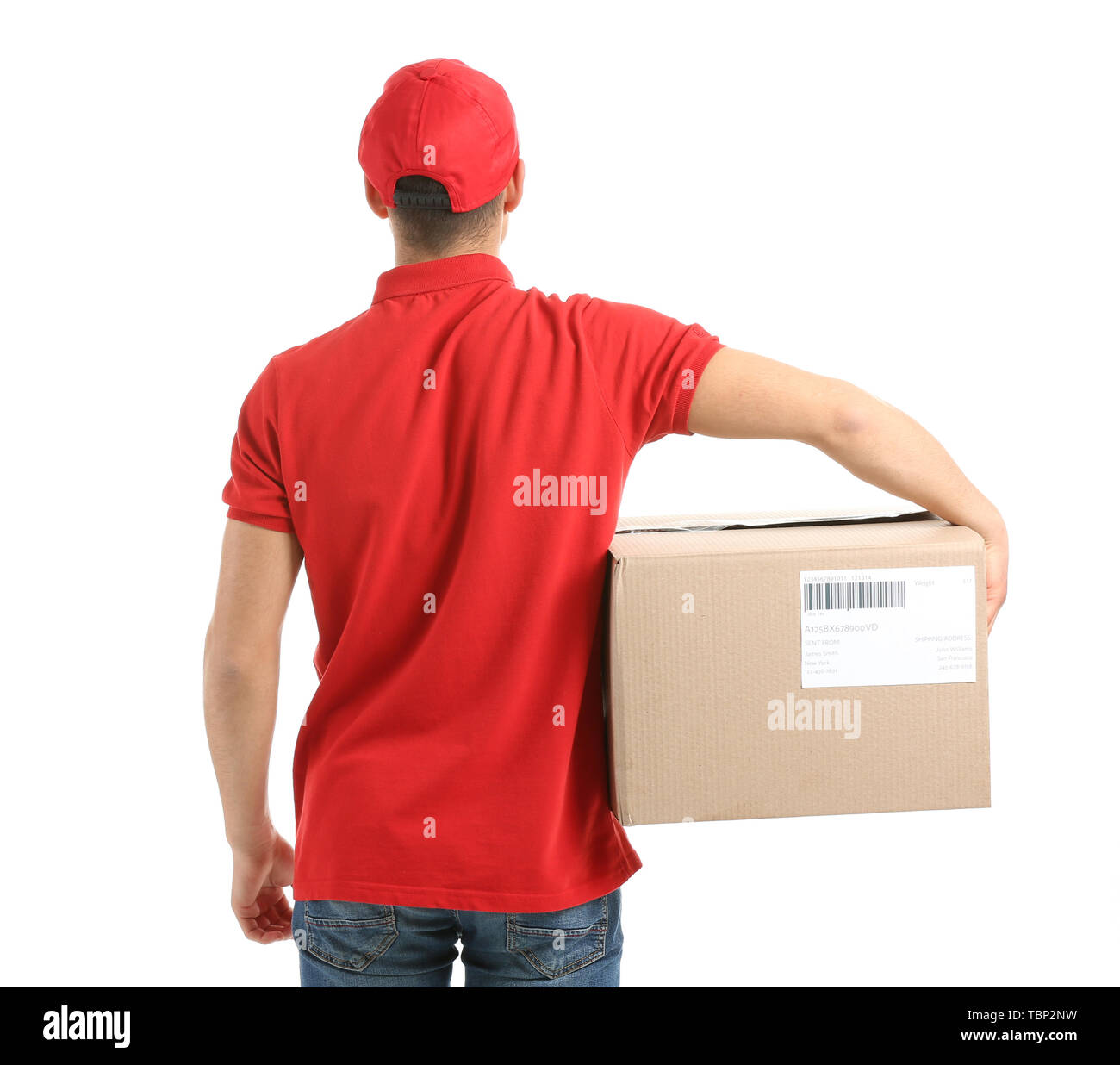 Delivery man with box on white background, back view Stock Photo - Alamy